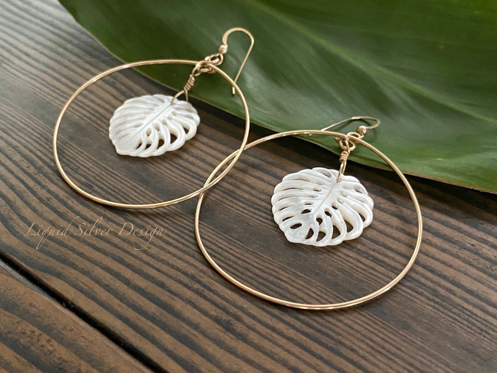 14k Gold Filled Hoop Earrings With White Mother of Pearl Monstera Leaf ...