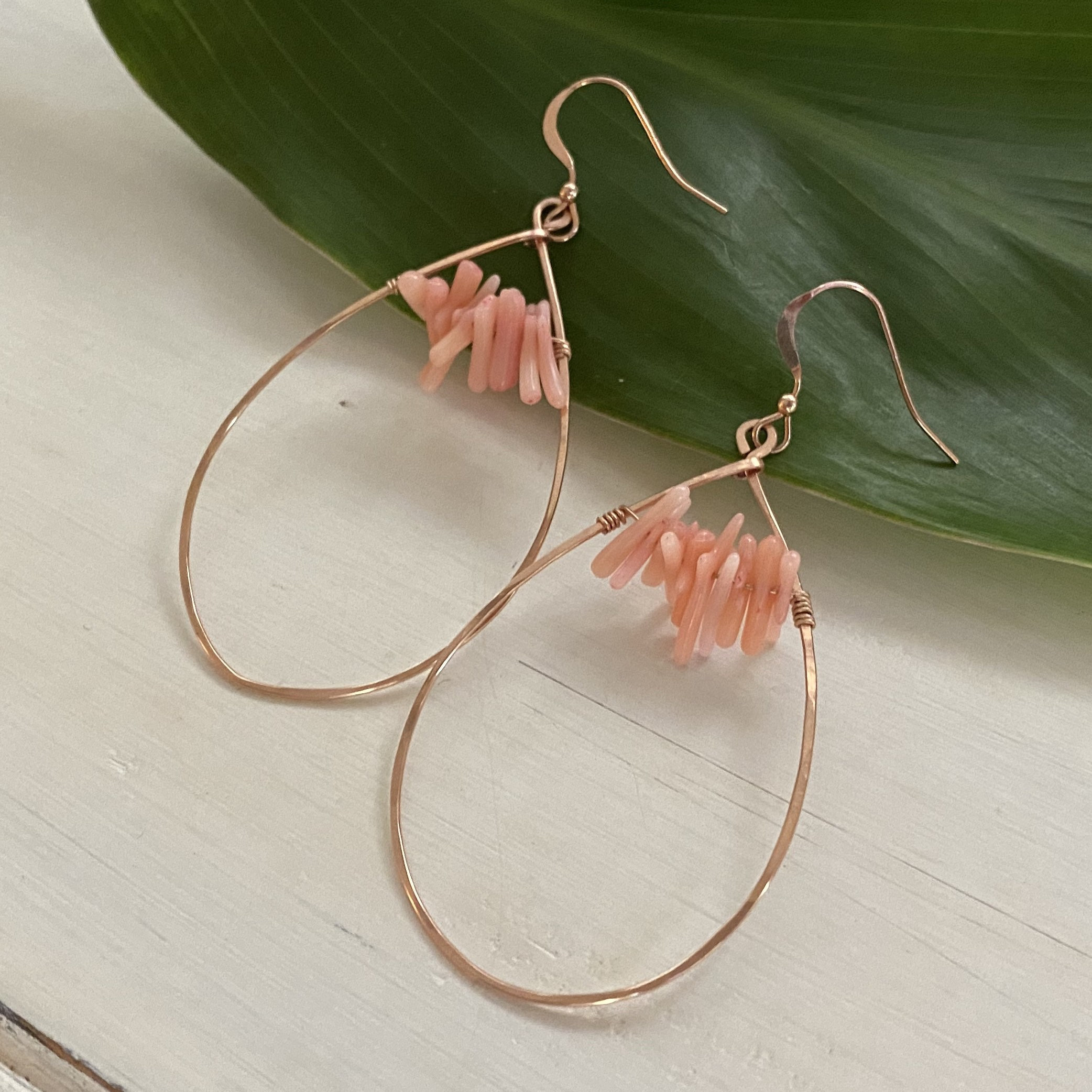 Pink Coral Teardrop Hammered Rose Gold Fill Earrings Made in Hawaii USA ...