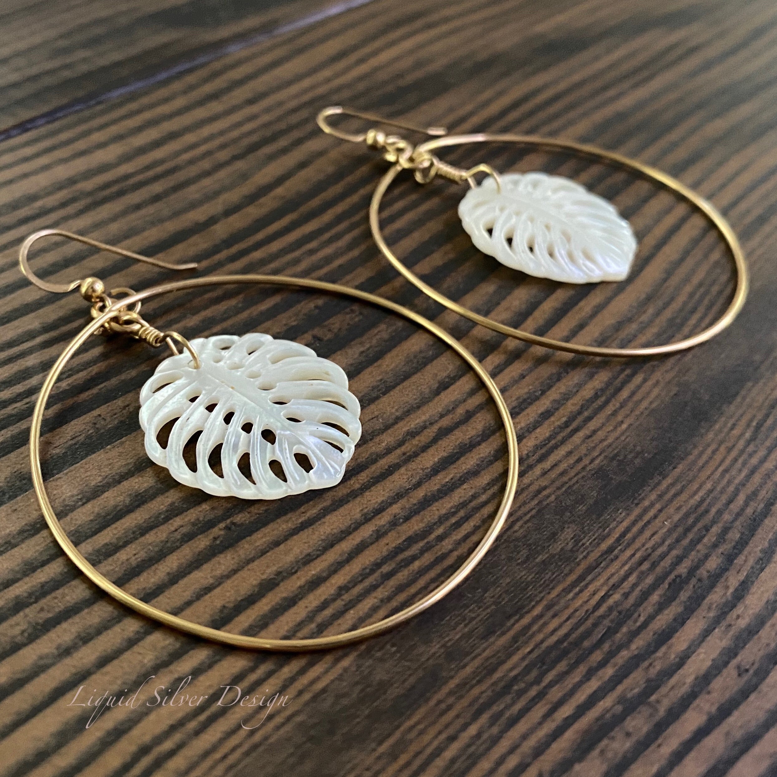 14k Gold Filled Hoop Earrings With White Mother of Pearl Monstera Leaf ...