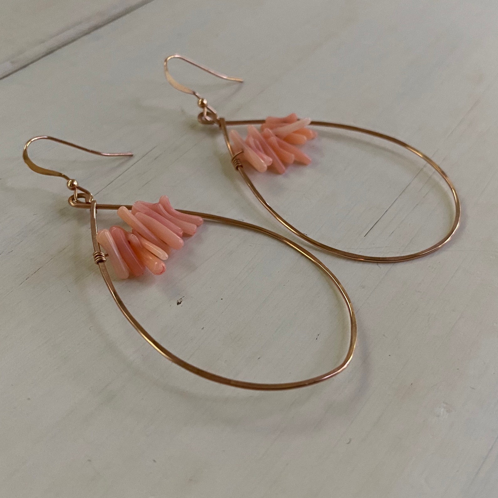 Pink Coral Teardrop Hammered Rose Gold Fill Earrings Made in Hawaii USA ...