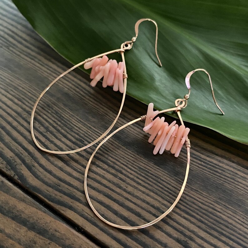 Pink Coral Teardrop Hammered Rose Gold Fill Earrings Made in Hawaii USA ...