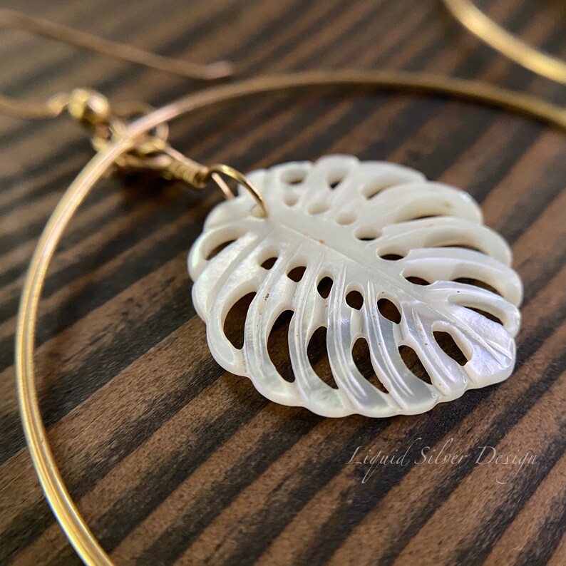 14k Gold Filled Hoop Earrings With White Mother of Pearl Monstera Leaf ...