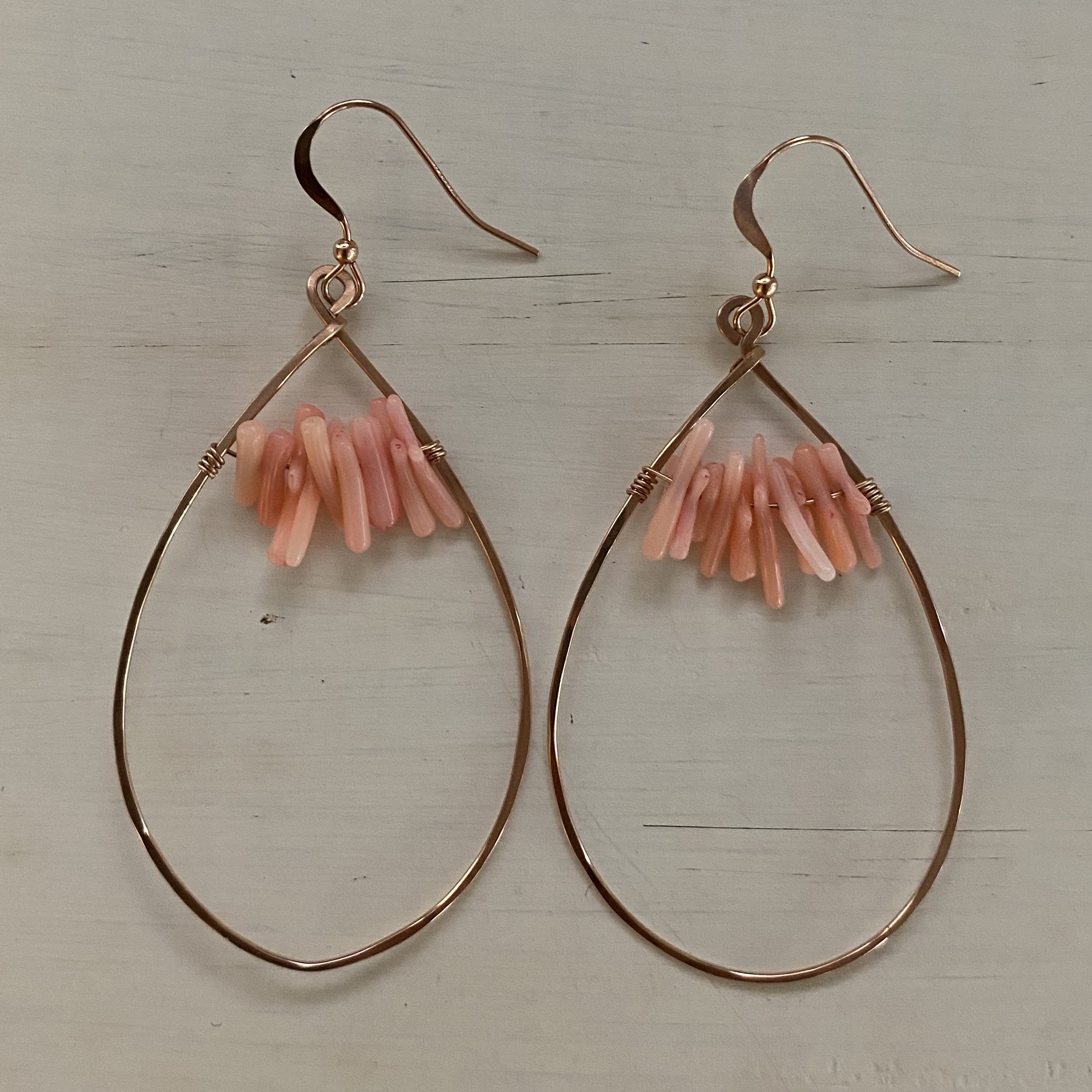 Pink Coral Teardrop Hammered Rose Gold Fill Earrings Made in Hawaii USA ...