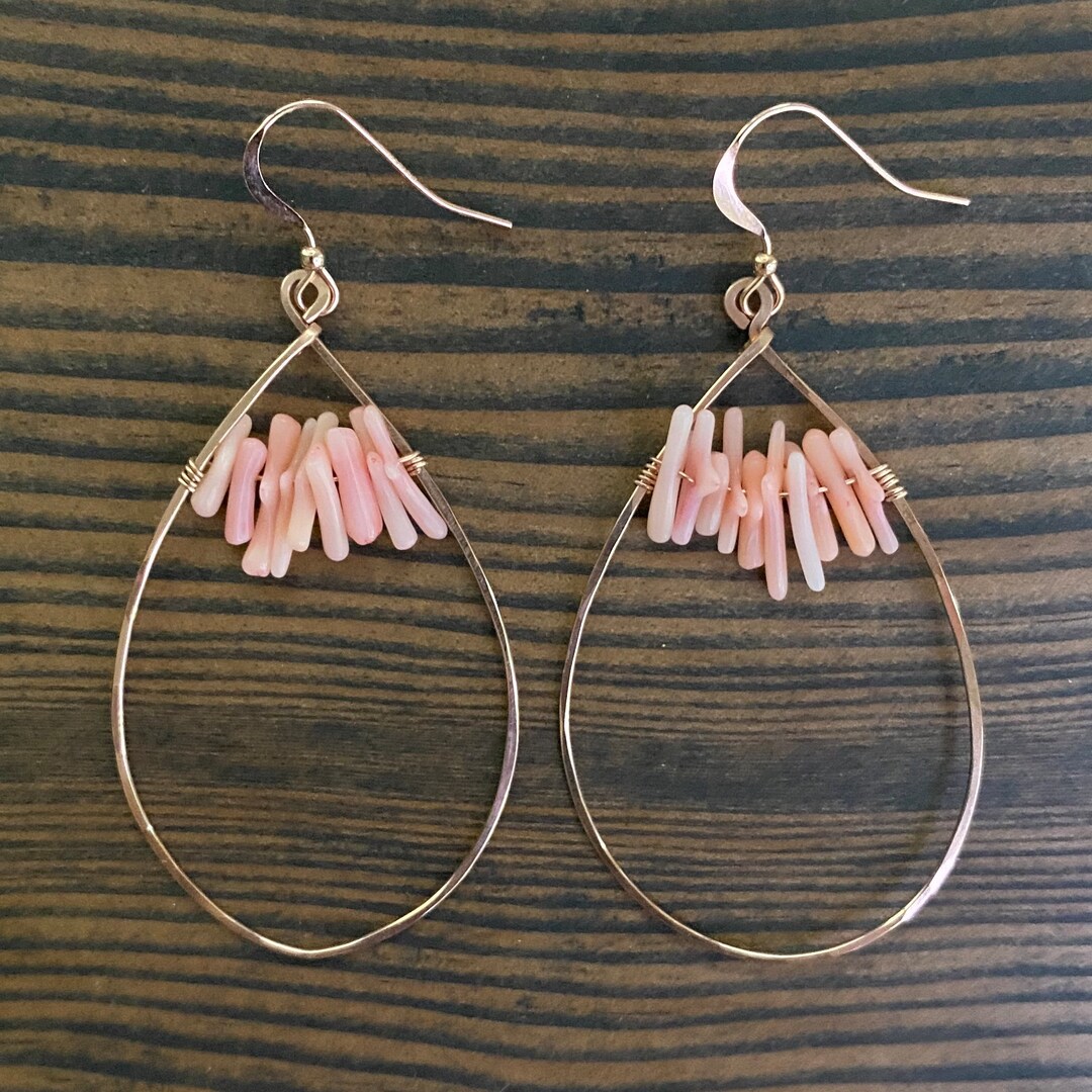 Pink Coral Teardrop Hammered Rose Gold Fill Earrings Made in Hawaii USA ...