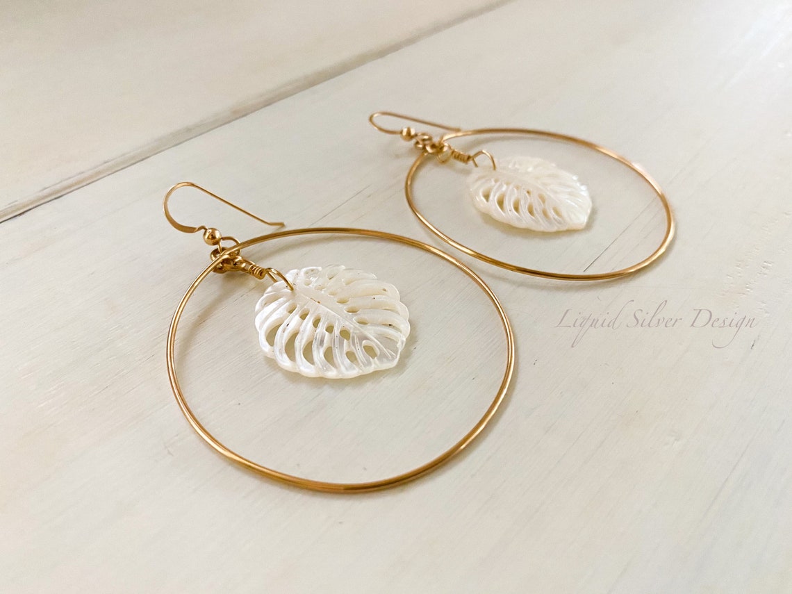14k Gold Filled Hoop Earrings With White Mother of Pearl Monstera Leaf ...