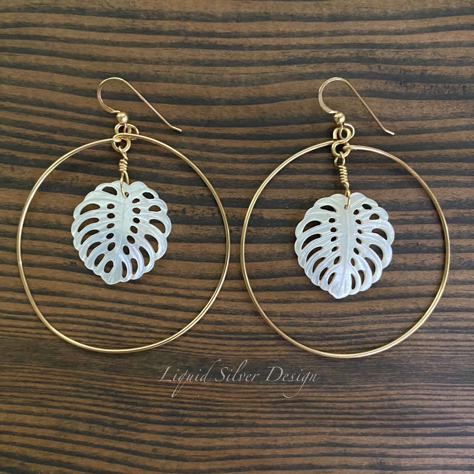 14k Gold Filled Hoop Earrings With White Mother of Pearl Monstera Leaf ...