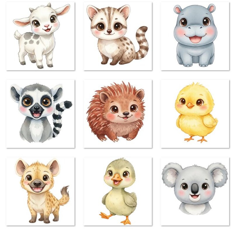 100 CUTE ANIMALS PNG Digital Art Watercolor Hand Drawn Style Kawaii ...