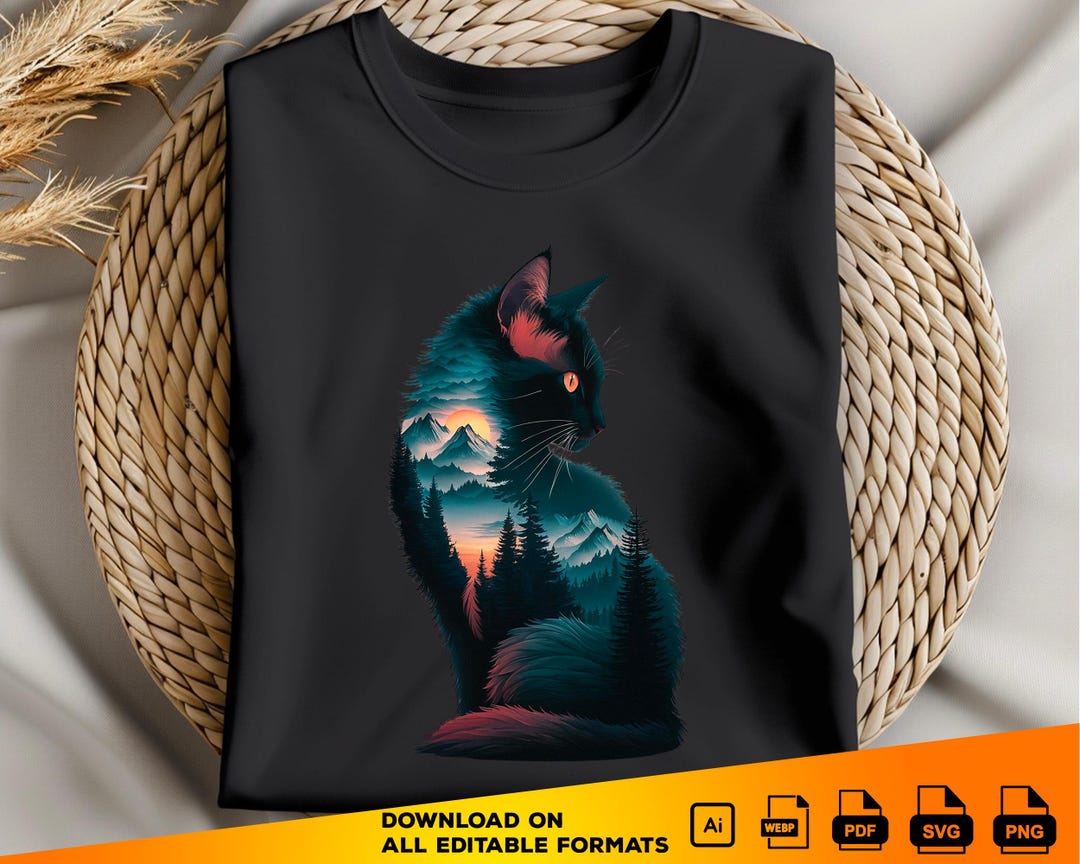 Forest Cat Portrait, Black Cat & Mountain Landscape Art, Mystical ...