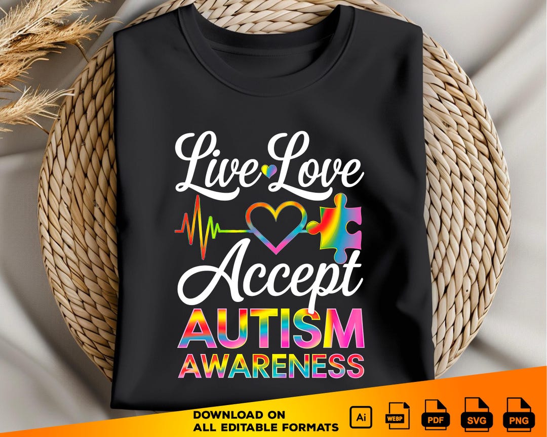 Live Love Accept Autism Awareness SVG, Colorful Puzzle Piece Tee for ...