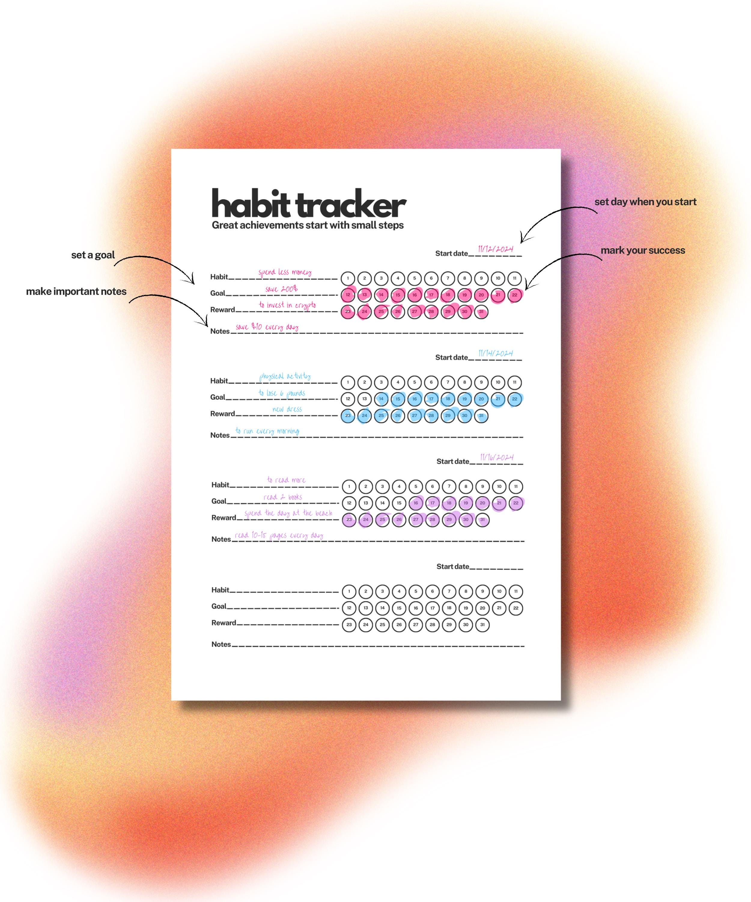 Undated Printable Habit Tracker, Template, Habit Planner, 30-day Habit ...