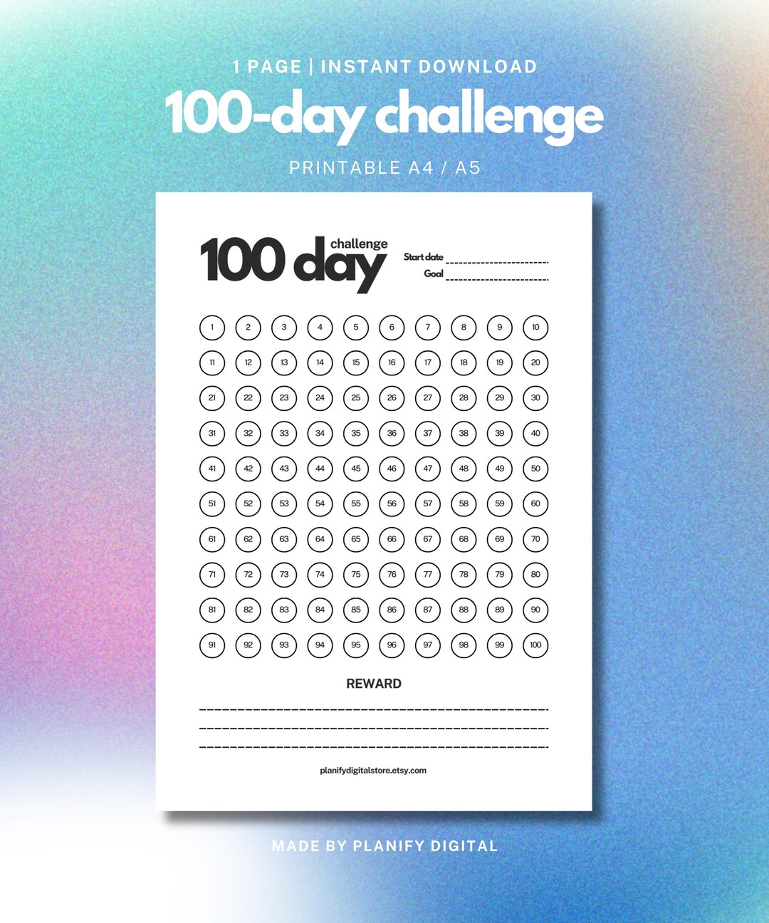 100-day Challenge Printable PDF Files A4, A5 Sizes - Etsy