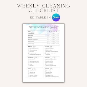 Editable Weekly Cleaning Checklist Template: Canva Printable (digital ...