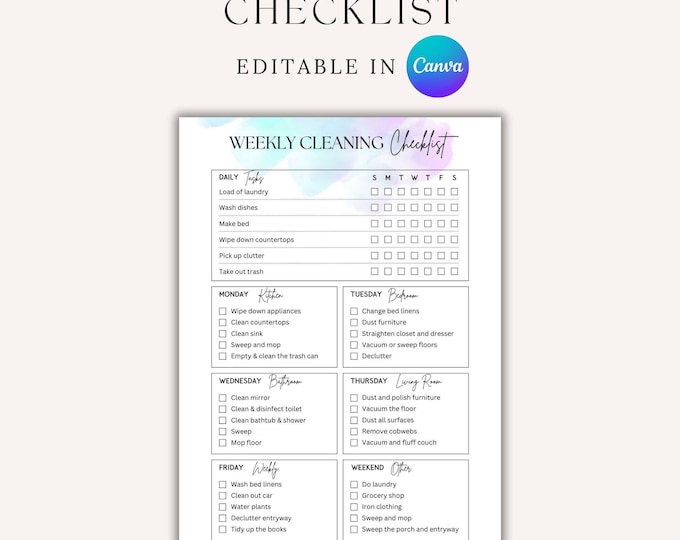 Editable Weekly Cleaning Checklist Template | Printable Cleaning ...