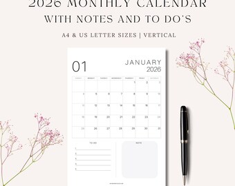 2026 Monthly Calendar Printable | Minimalist Monthly Planner | A4, US ...