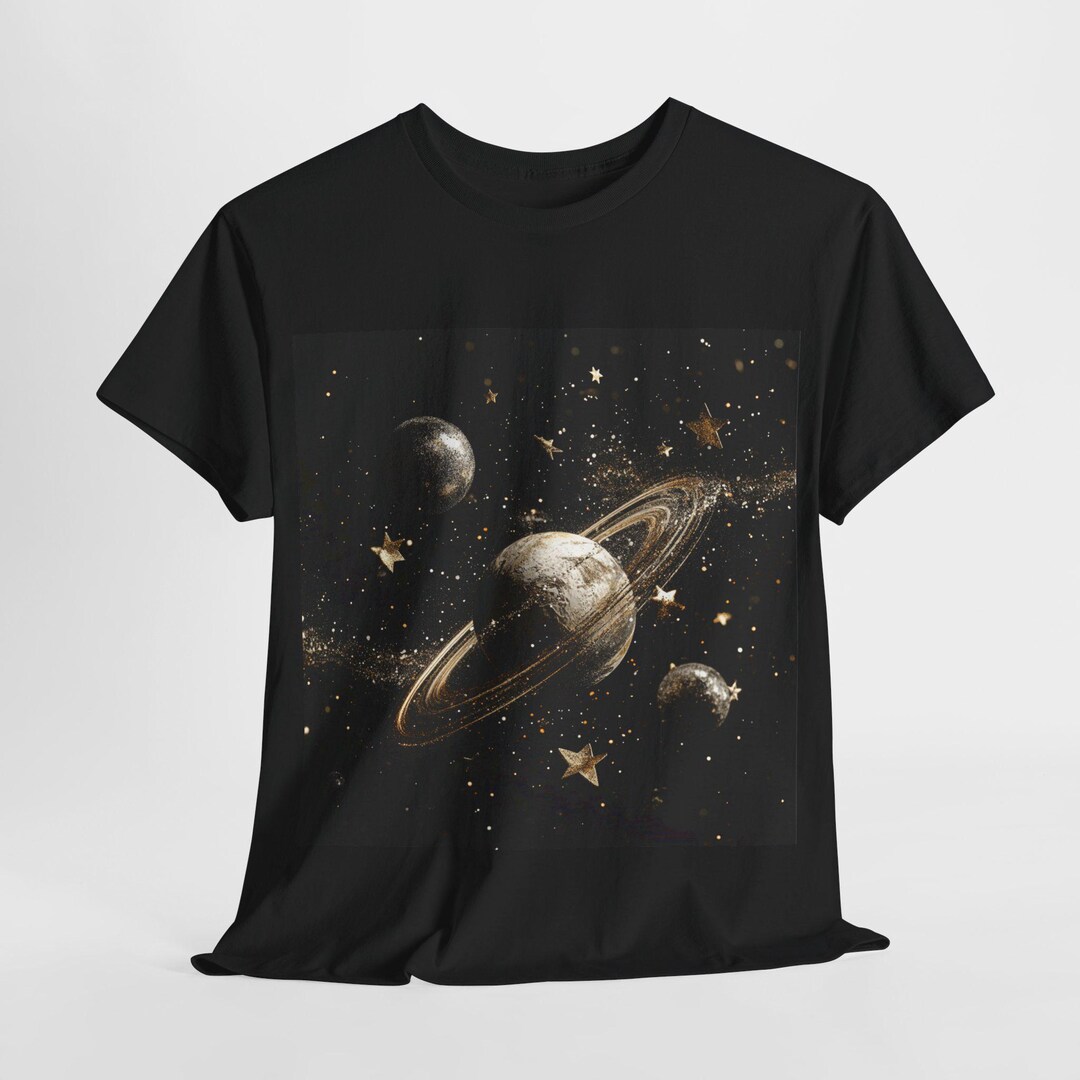 Galaxy Planets Unisex Tee Shirt, Solar System Gold Black Theme, Stars ...