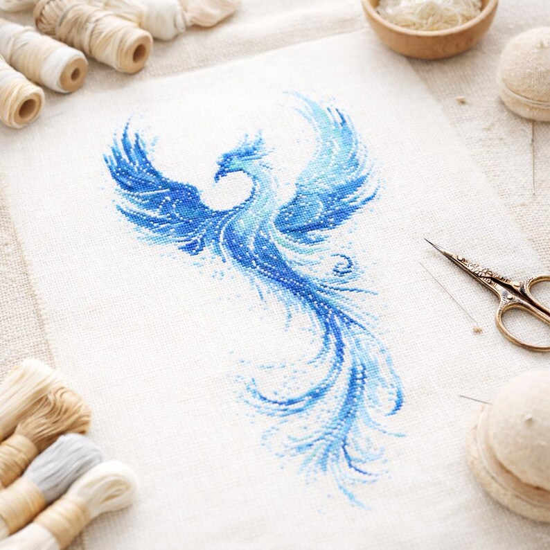 Blue Phoenix Cross Stitch Pattern PDF Download Watercolor Bird ...