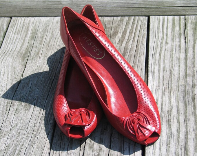 SALE Vintage 80s Red Wedge Peep Toe Shoes Size 6 - Etsy