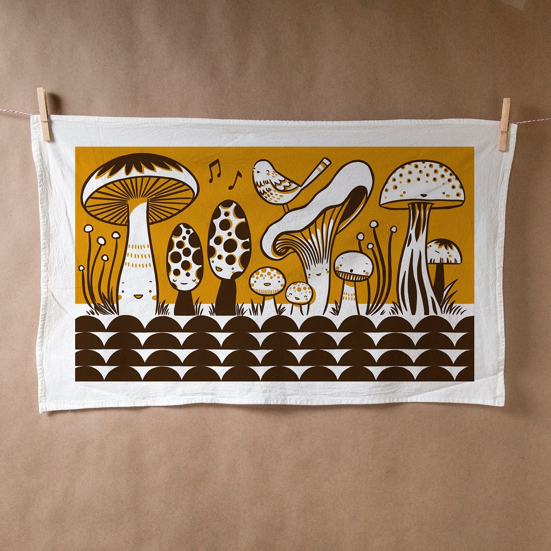 Happy Mushrooms in Mustard Screen Printed Flour Sack Tea Towel - Etsy
