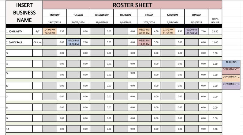 Rostering Template for Businesses Excel - Etsy