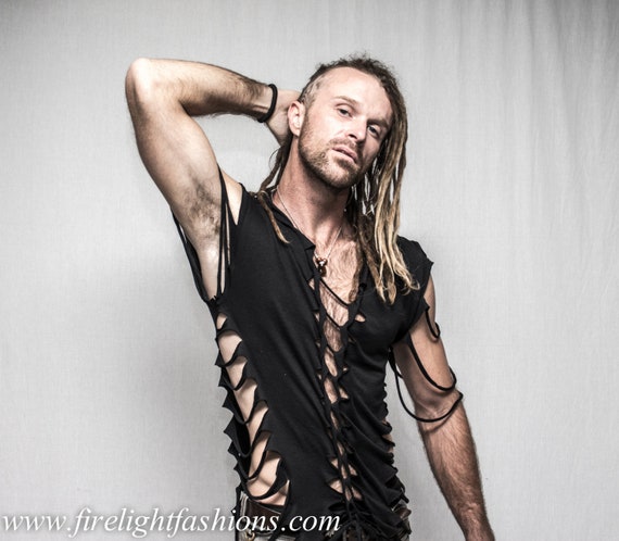 Mens shredded shirt tribal tattered top shred tshirt cut | Etsy