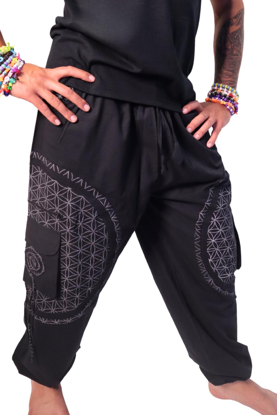 Flower of Life Cotton Cargo Pants: Handmade Elastic Waist, 6 Pockets - Etsy