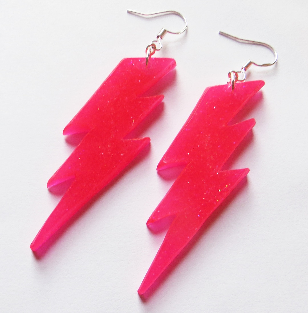 Hot Pink Glitter Lightning Flash Earrings - Etsy