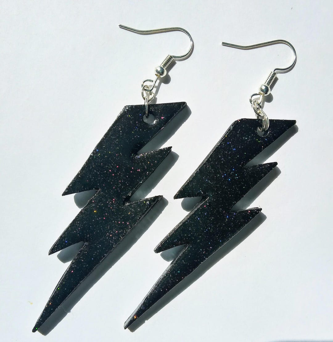 Black Glitter Lightning Flash Earrings - Etsy
