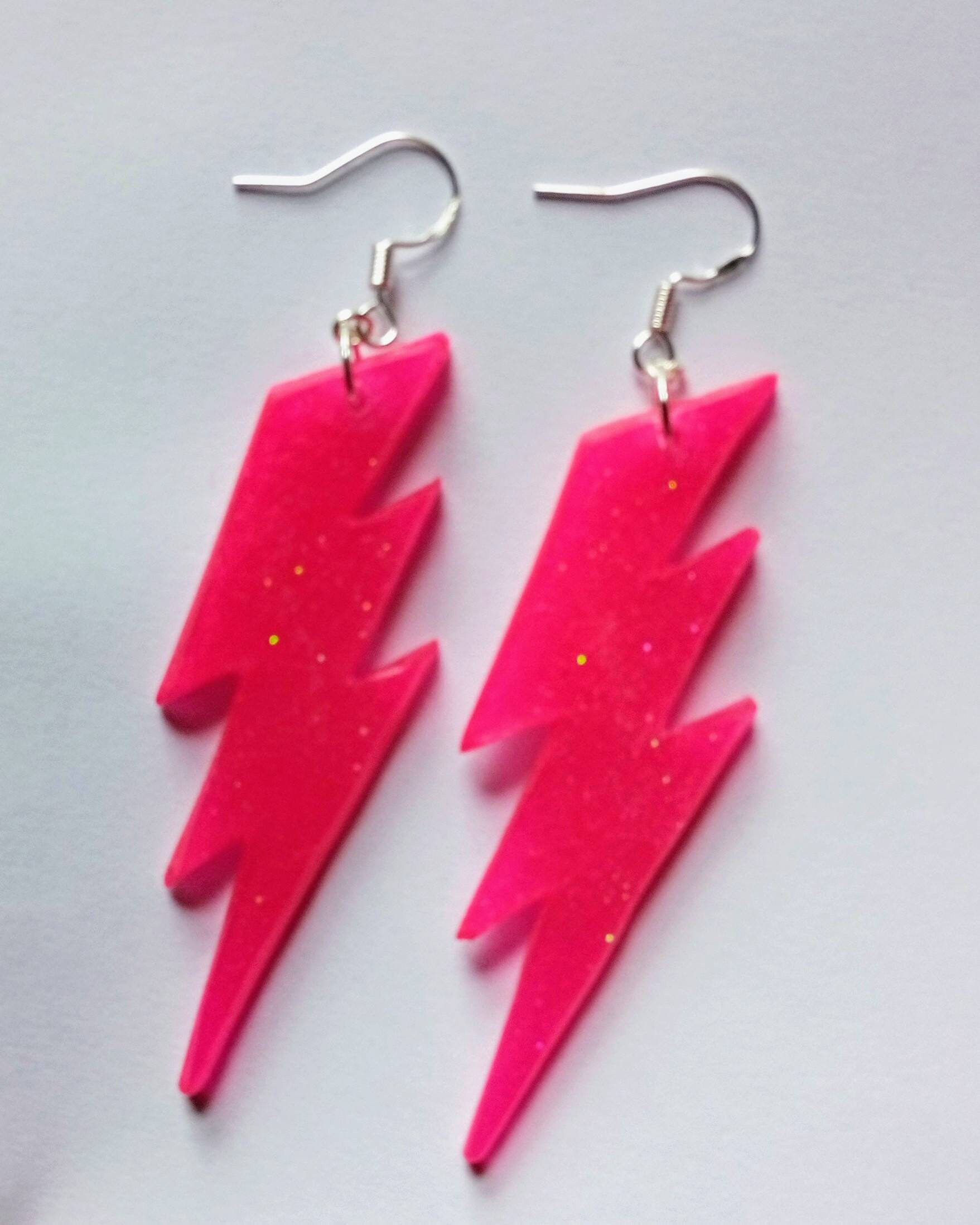 Hot Pink Glitter Lightning Flash Earrings - Etsy