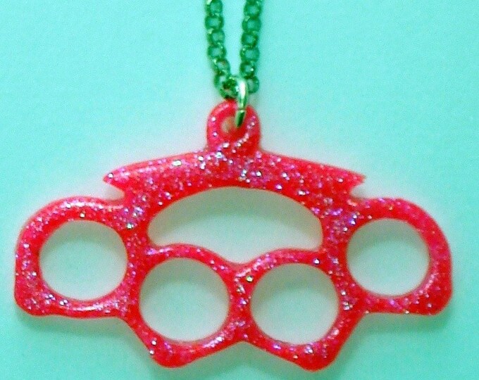 Neon Pink Glitter Brass Knuckles/knuckle Duster Necklace - Etsy