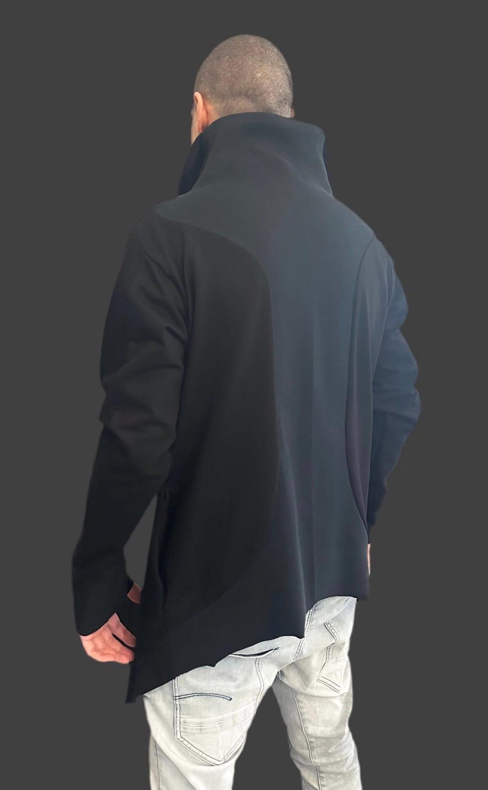 Men’s Asymmetric Cotton Jacket – High Collar, Zip-up, Two-tone Design ...