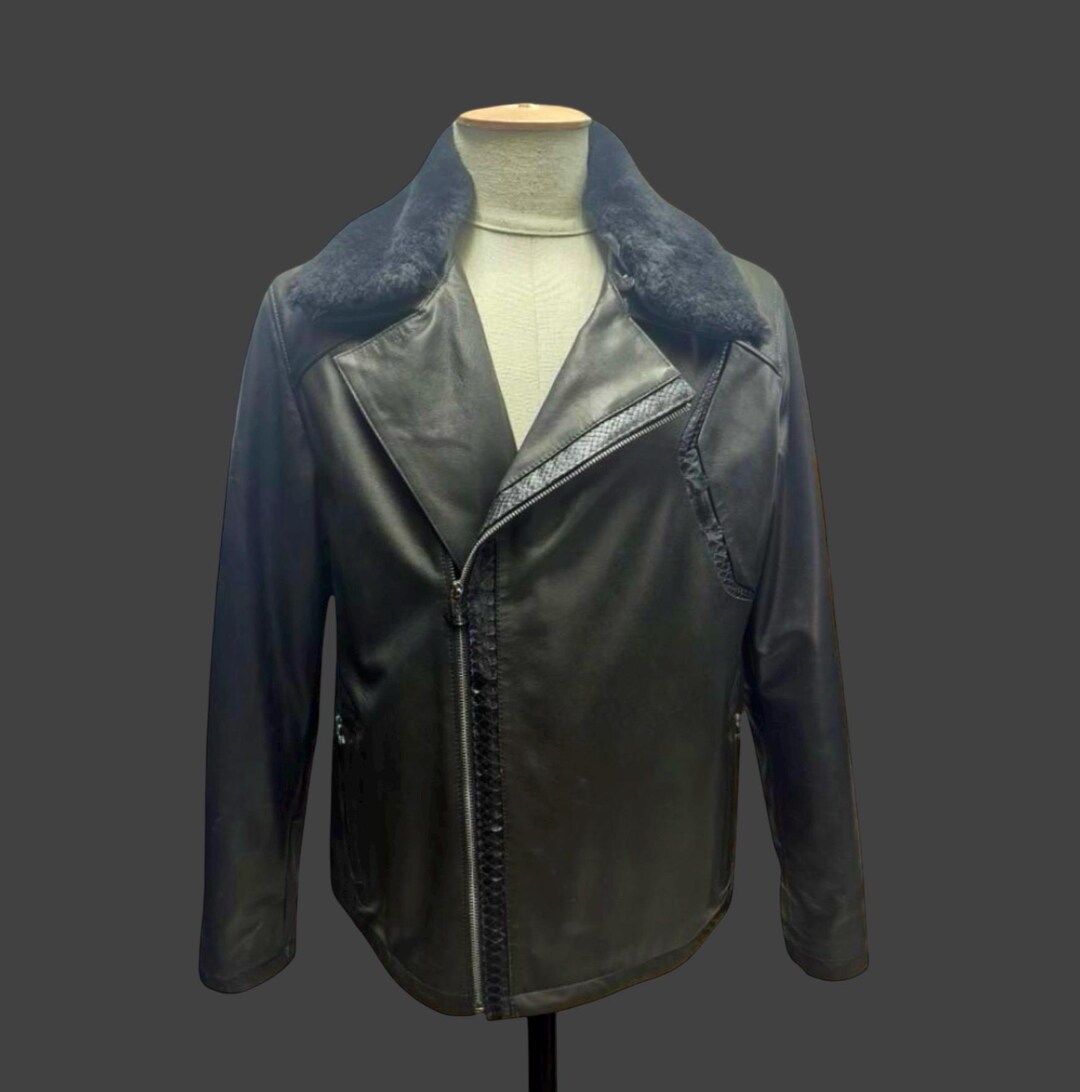 Men’s Winter Leather Jacket – Lambskin, Python Trim, Removable Fur ...