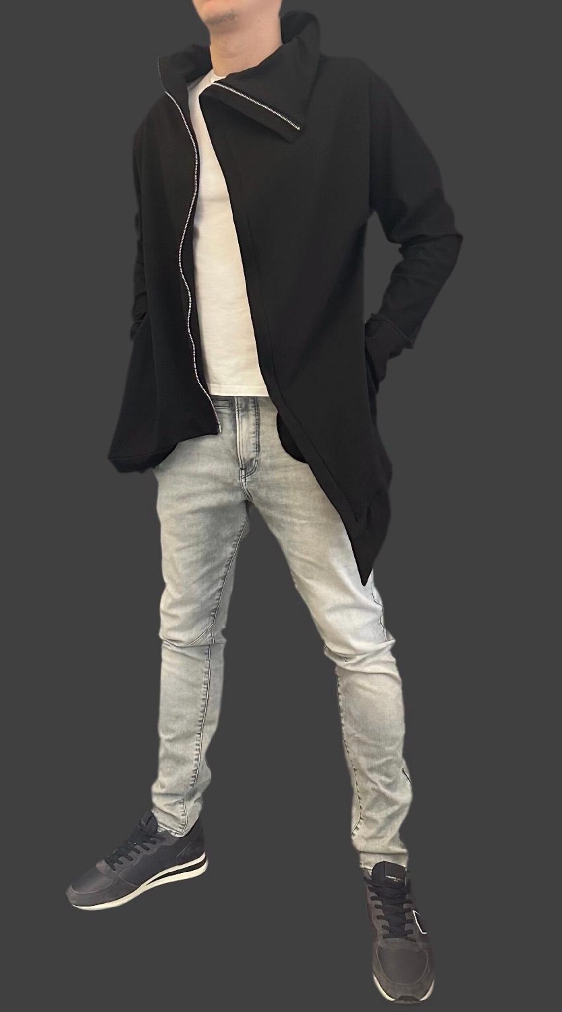 Men’s Asymmetric Cotton Jacket – High Collar, Zip-up, Two-tone Design ...