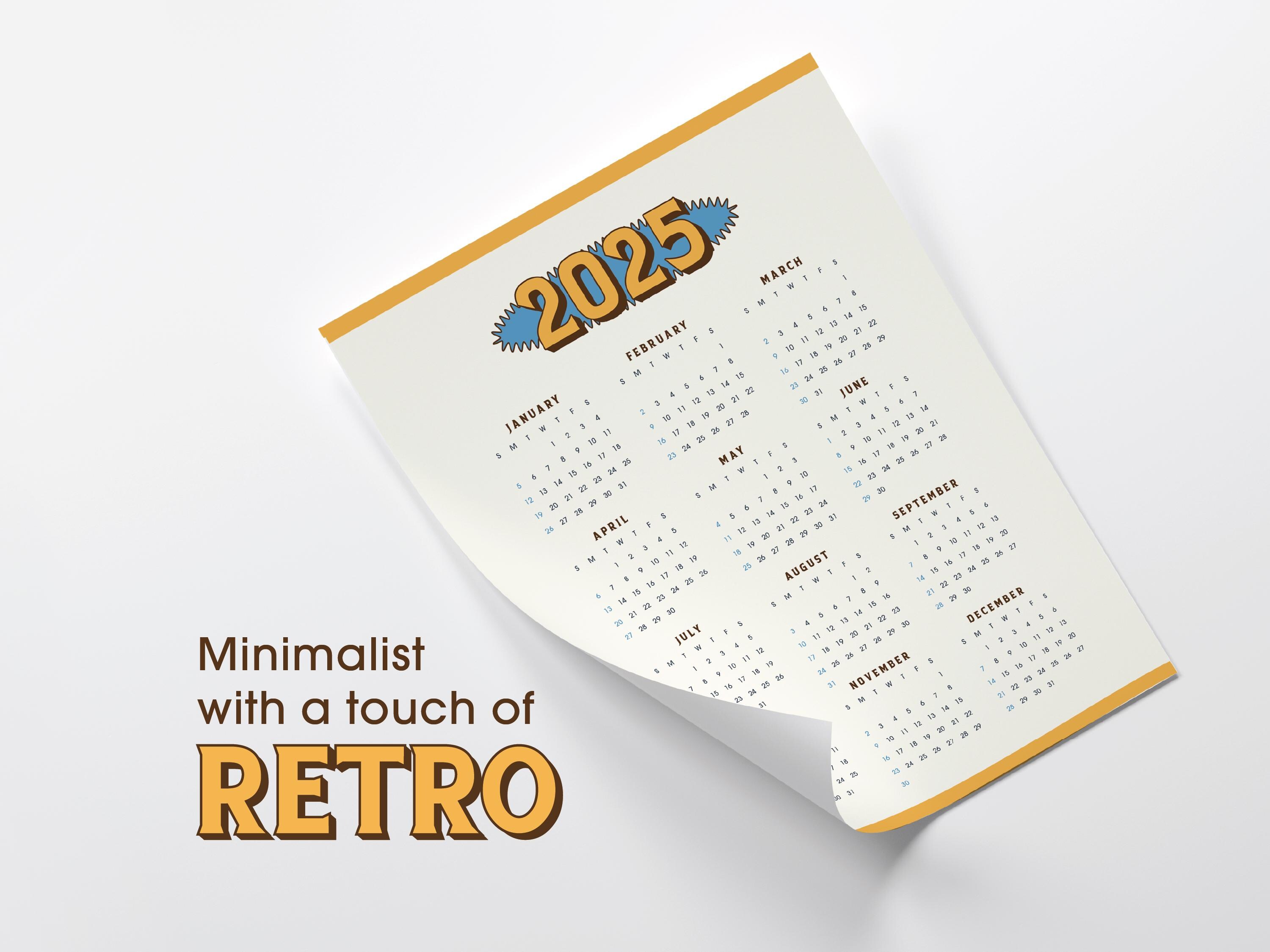 2025 Printable Retro Yearly Calendar Minimalist A3, A4, A5, Letter 4 ...
