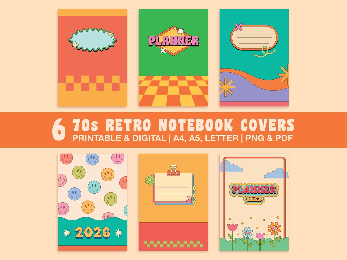 Printable & Digital 70s Retro Notebook Covers 2026 | Planner Binder ...