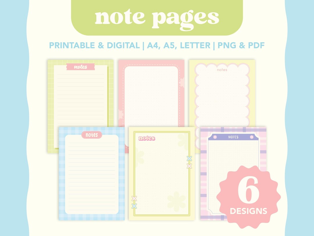 6 Pastel Spring Note Pages Printable & Digital | Kawaii Green Journal ...