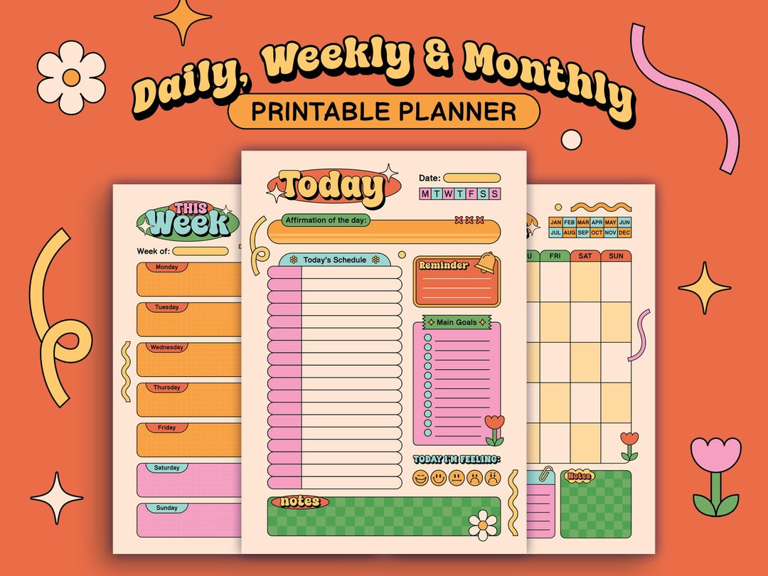 Printable Daily, Weekly & Monthly Planner Bundle | Fun Groovy Retro ...