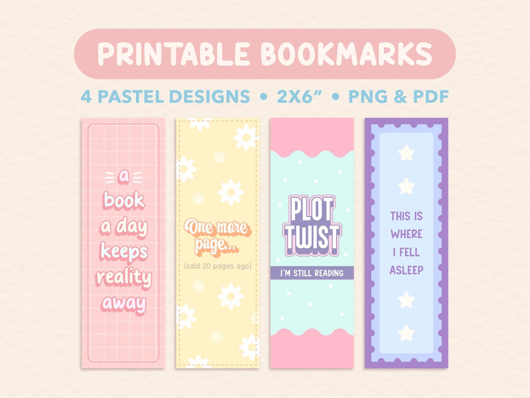 4 Printable Pastel Bookmarks | Kawaii Aesthetic Book Tracker Gift for ...