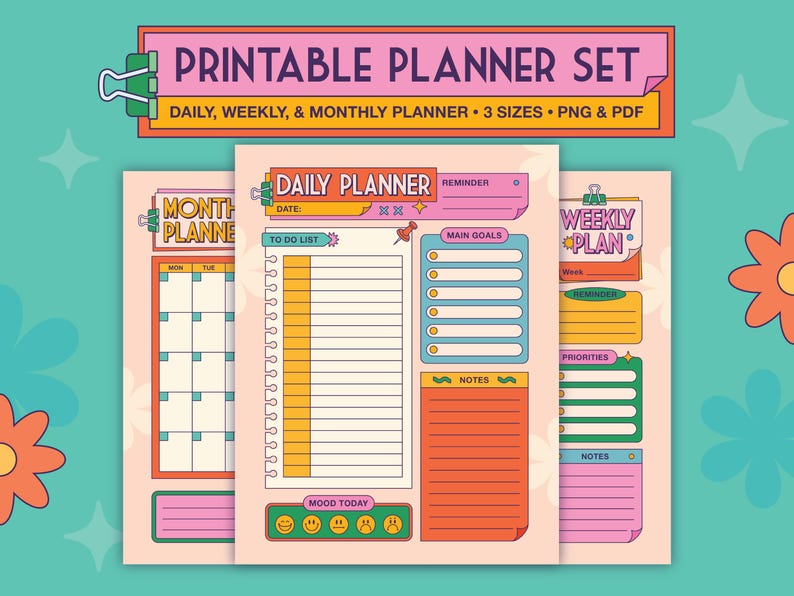 Retro Pop Vibes Printable Daily, Weekly, & Monthly Planner Set | Groovy ...