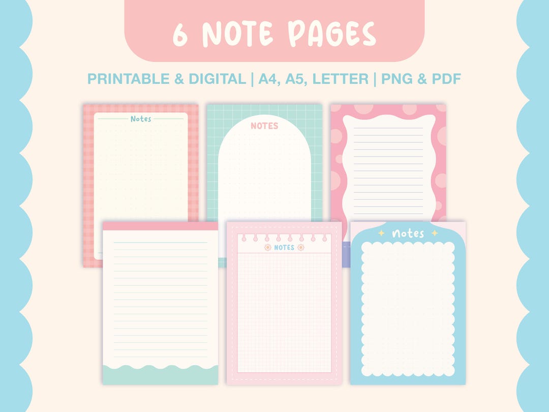 Cute Pastel Note Pages Printable & Digital | Pink Kawaii Stationery ...
