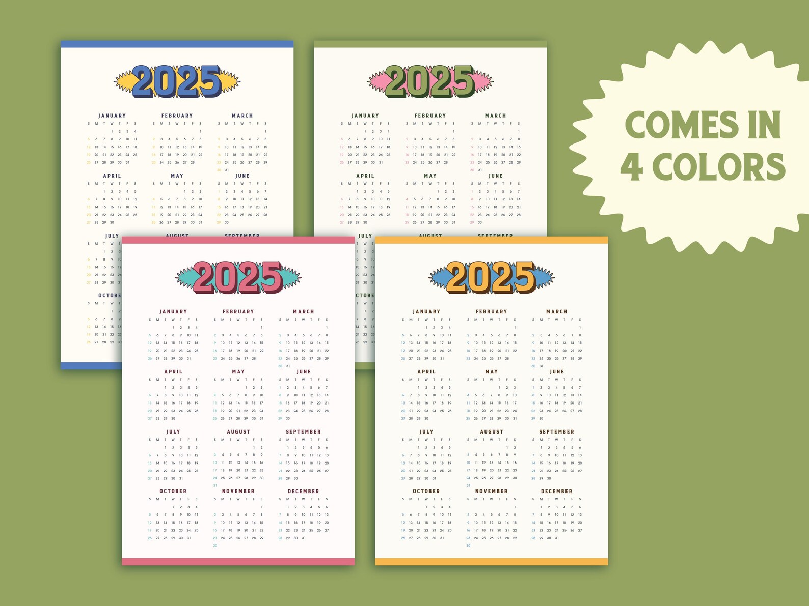 2025 Printable Retro Yearly Calendar Minimalist A3, A4, A5, Letter 4 ...