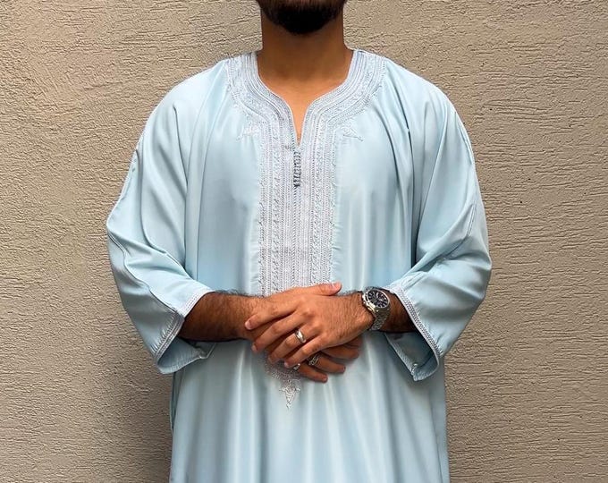 Signature Moroccan Thobe for Men in Sky Blue – Traditional Islamic ...