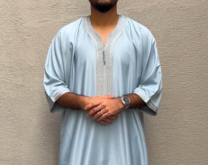 Signature Moroccan Thobe for Men in Pale Blue – Traditional Islamic ...