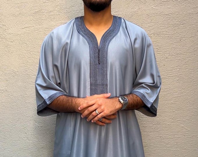 Signature Moroccan Thobe for Men in Glacier Grey – Traditional Islamic ...