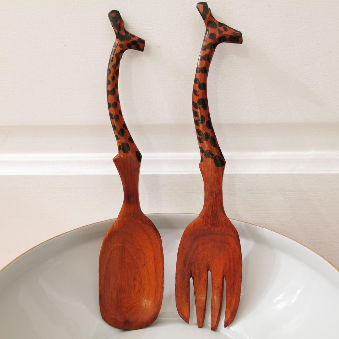 Giraffe Salad Tongs, Hand Carved Giraffe Salad Spoon and Fork Servers ...