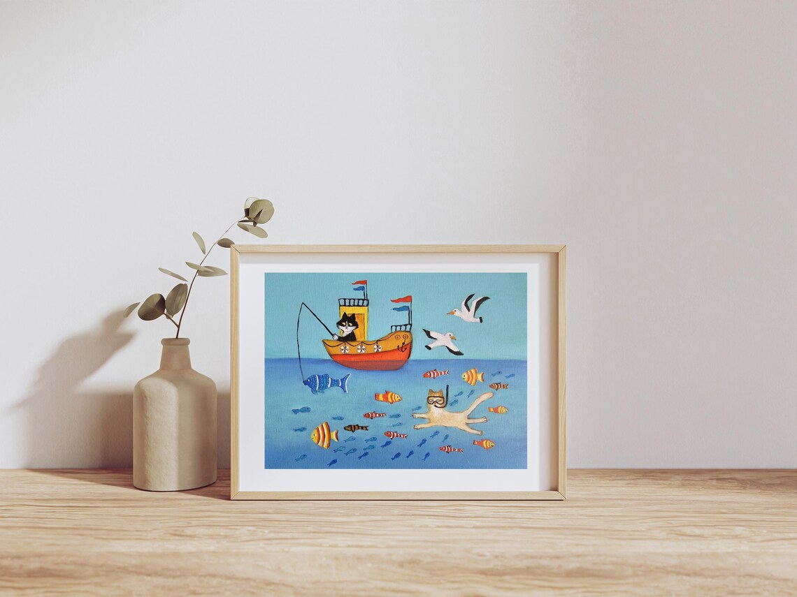 Sailboat Kitties Sailing and Fishing Cats Painting Digital Download ...