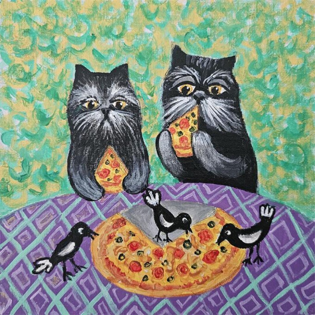 Funny Cats Ant Pizza Painting Printable Download. Whimsical Black Cats ...