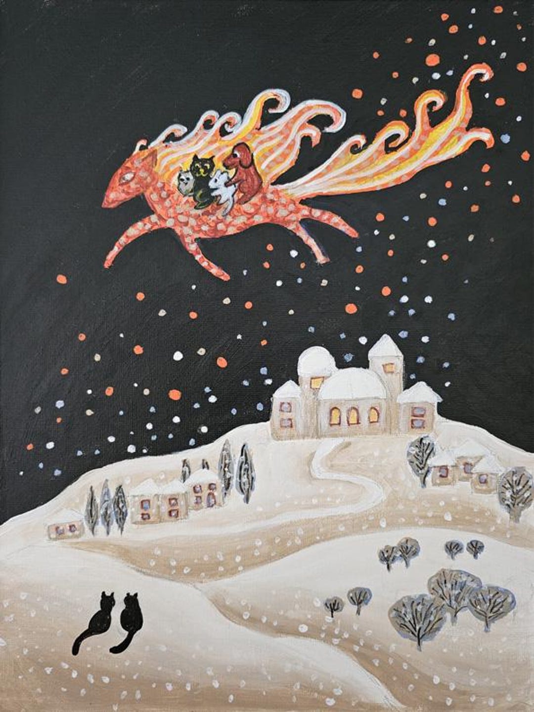 Red Fire Horse Running Over the Snowy Village Naive Painting Printable ...