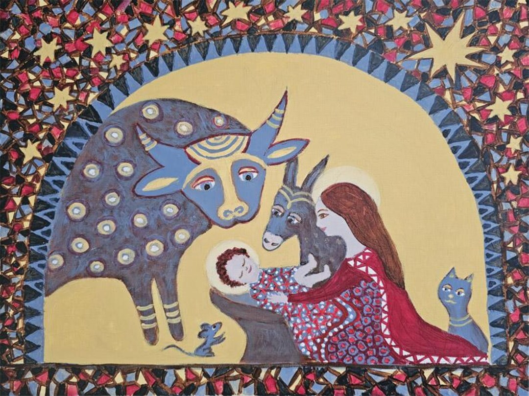 Christmas Nativity Scene Mary Holds Jesus in Cradle Surrounded by ...
