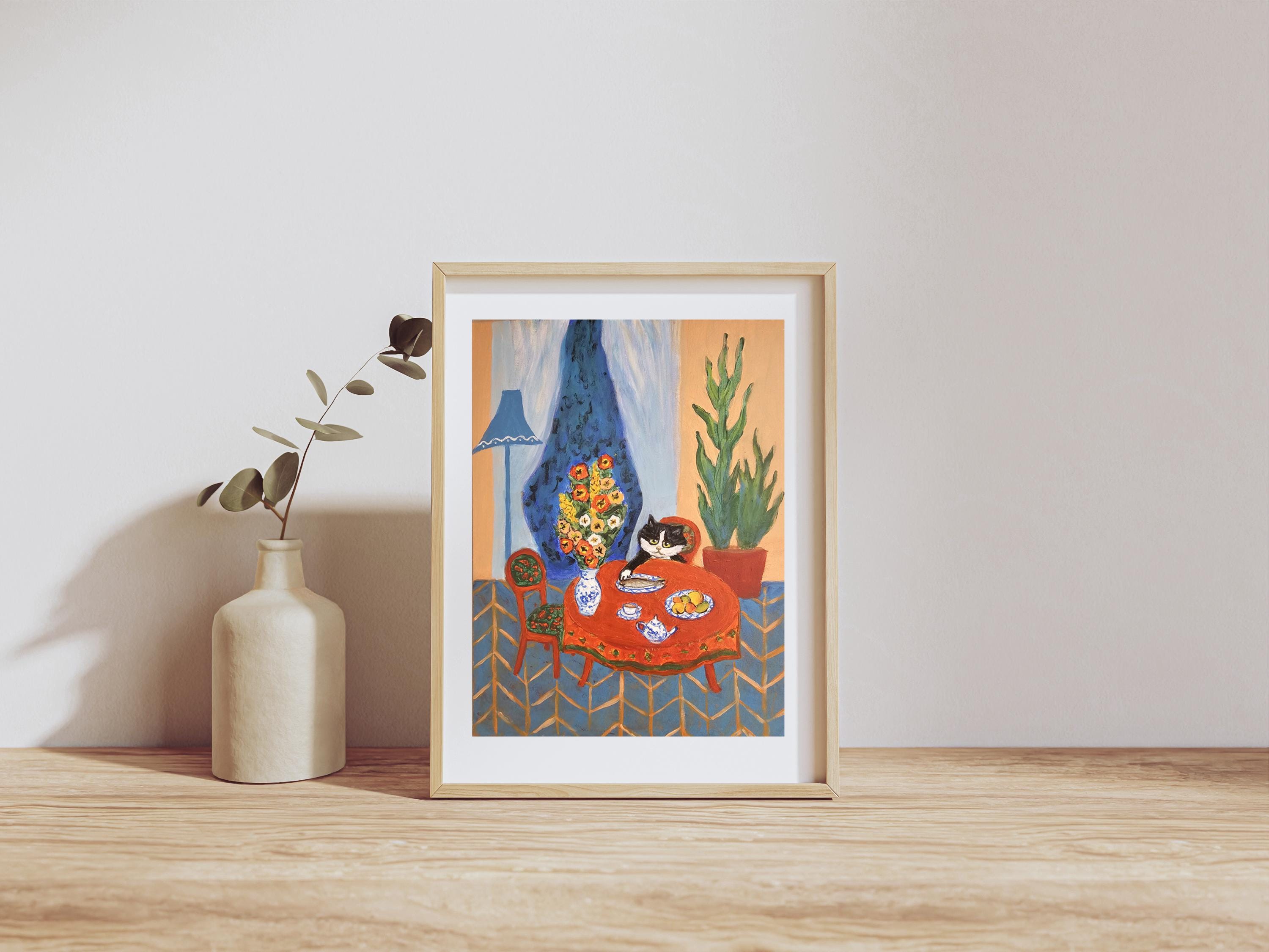 Funny Tuxedo Cat at the Table. Naive Black Cat Art. Cat and Coffee, Cat ...