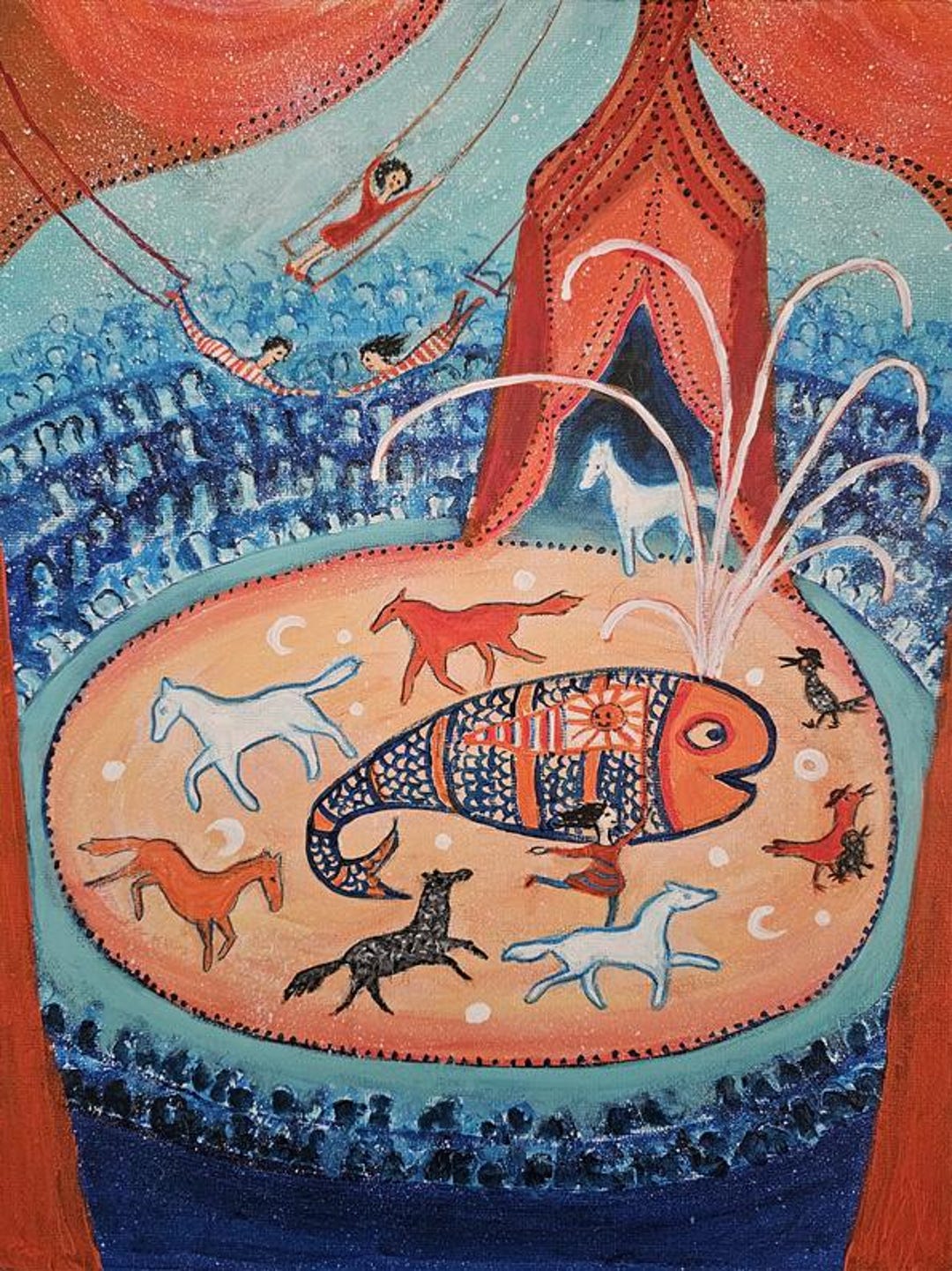 Circus Naive Original Painting Digital Download, Running Horses, Flying Acrobats, Whimsical ...